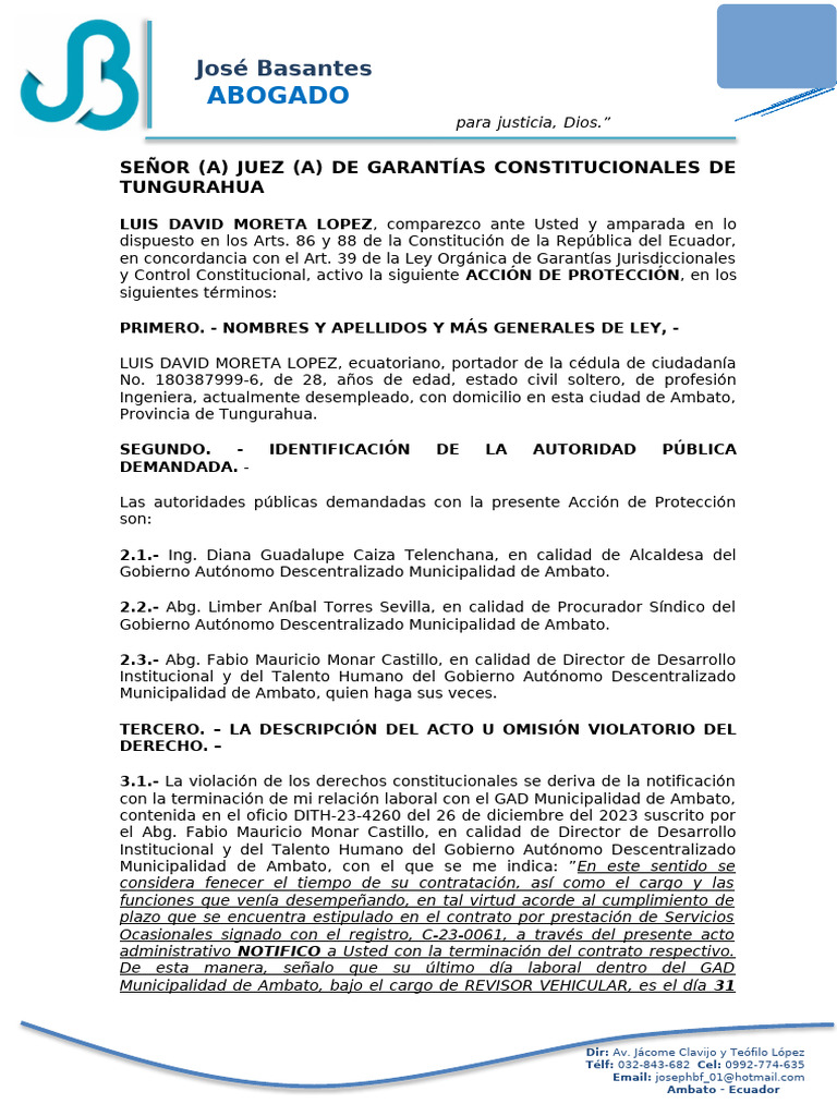 Accion de Proteccion Sr. Luis Moreta | PDF | Debido al proceso | Derecho laboral