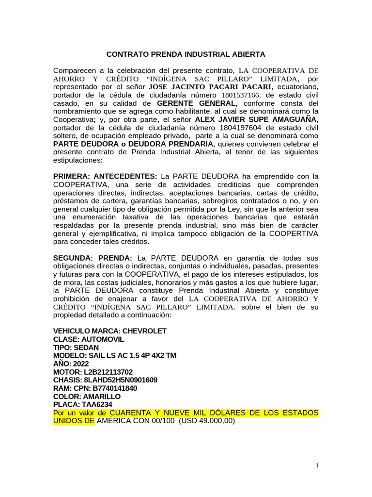 Contrato Prenda Industrial Abierta Avihol | PDF | Pagos | Póliza de seguros