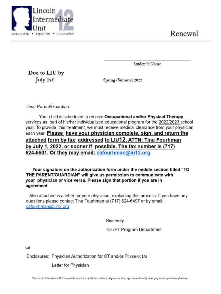 OT/PT Authorization for 2022-2023 | PDF | Occupational Therapy | Physician