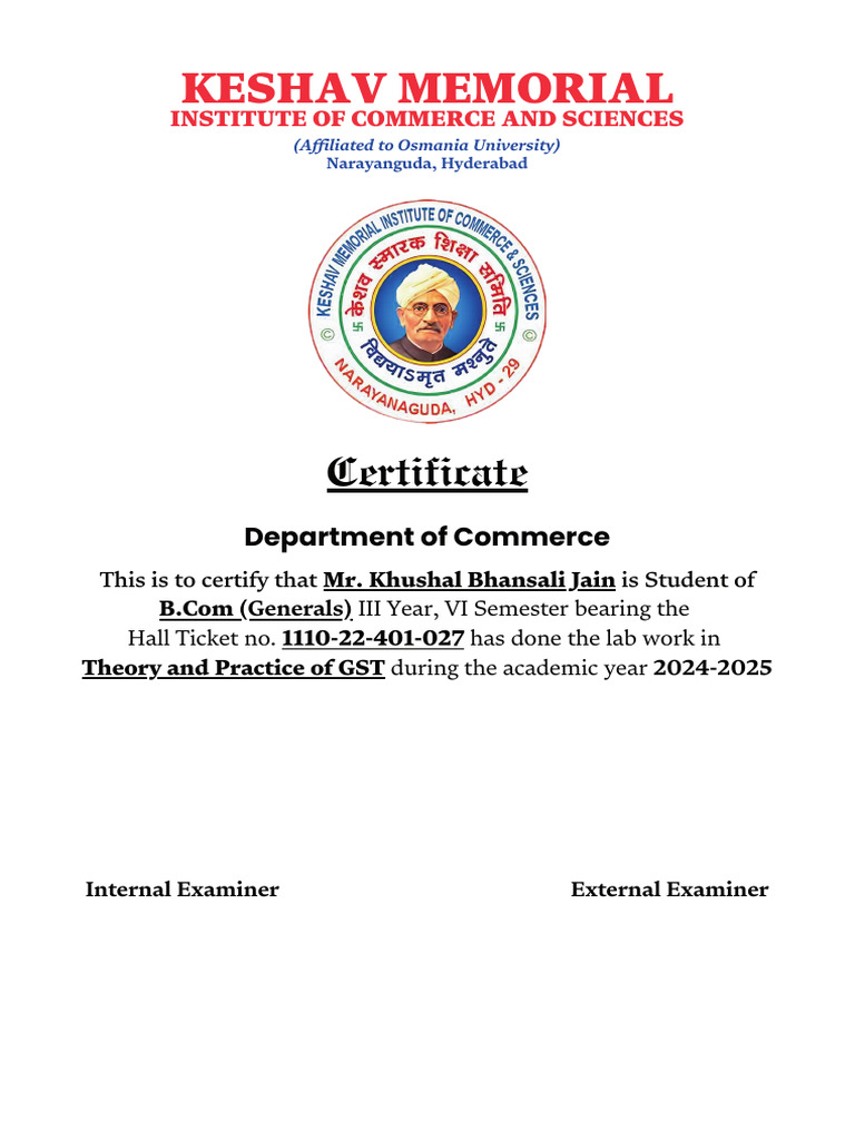 Keshav Memorial: Certificate | PDF