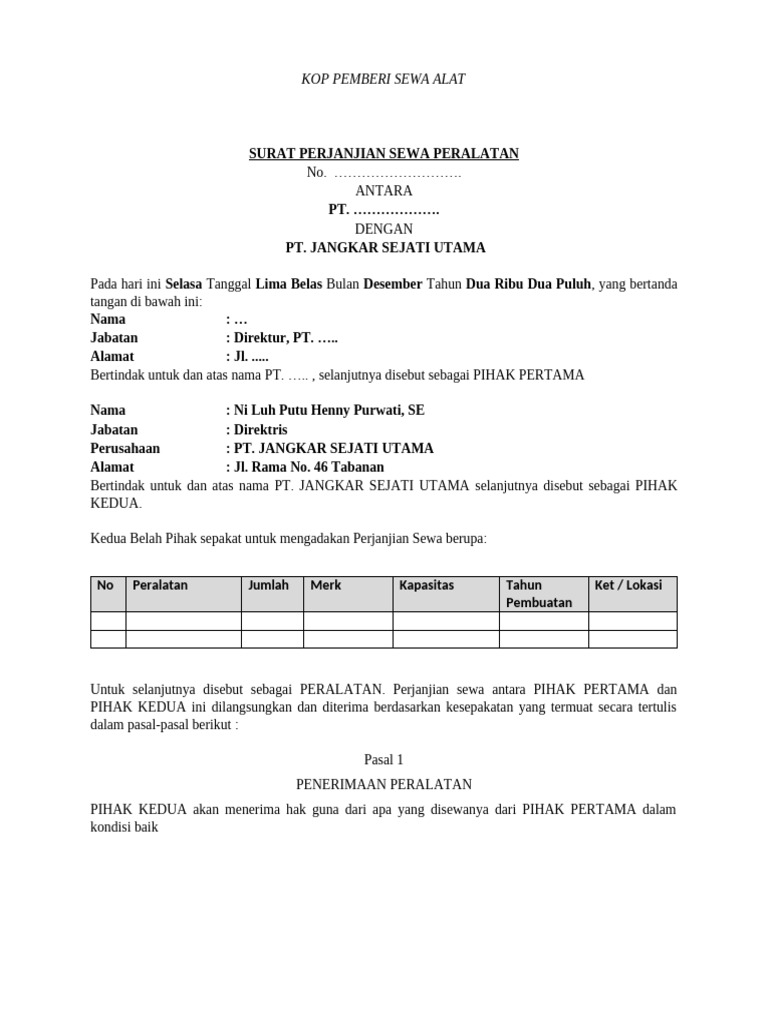 Format Perjanjian Sewa Alat | PDF