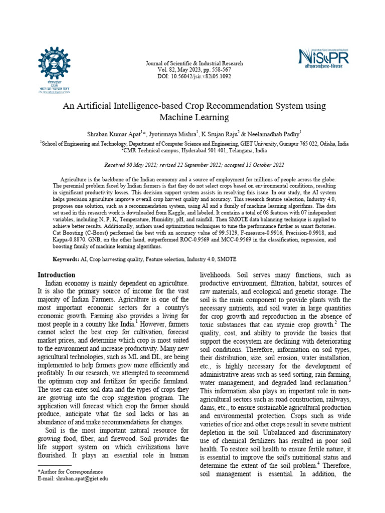 An Artificial Intelligence-based Crop Recommendation System Using ML ...