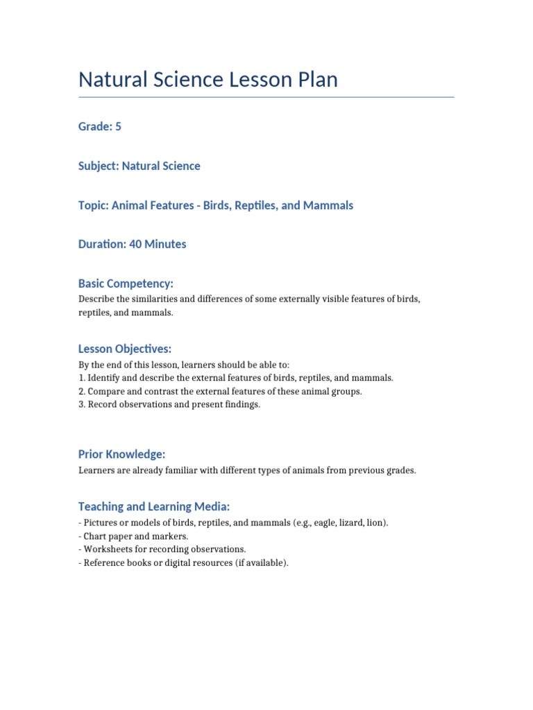 Natural Science Lesson Plan Grade 5 | PDF | Lesson Plan | Learning