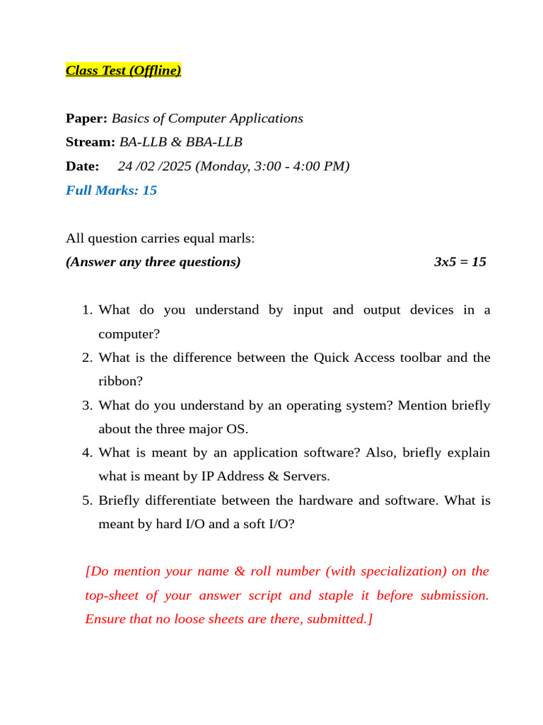 Class Test (Offline) - 15 Marks | PDF