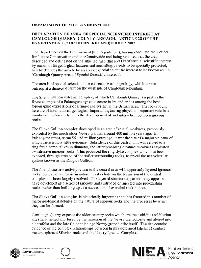 Declaration of Area of Special Scientific Interest at Camlough Quarry ...