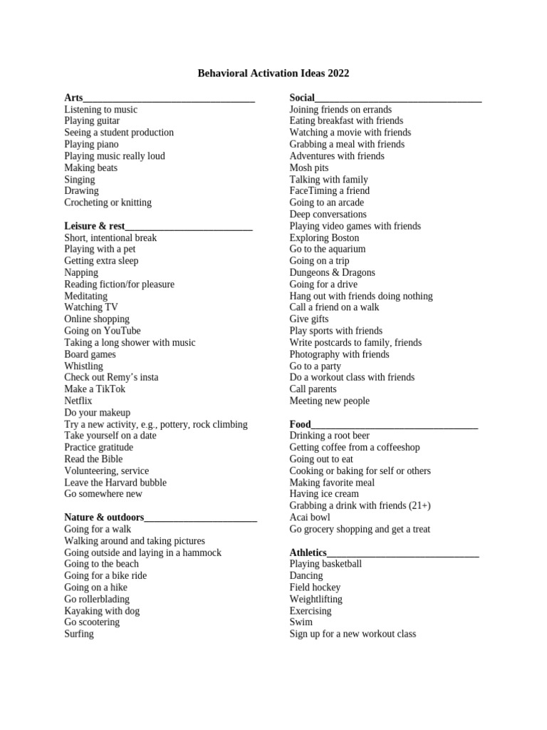 Behavioral Activation Ideas 2022 | PDF