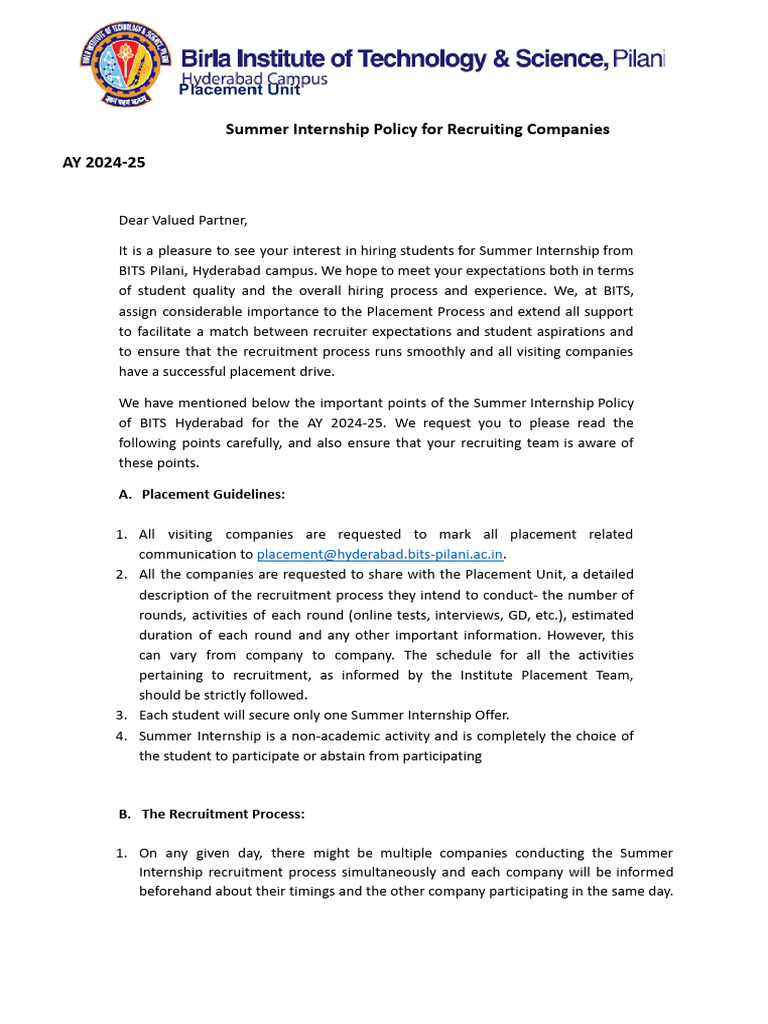 Summer Internship Policy AY 2024 25 Hyd Campus | PDF | Internship | Job ...