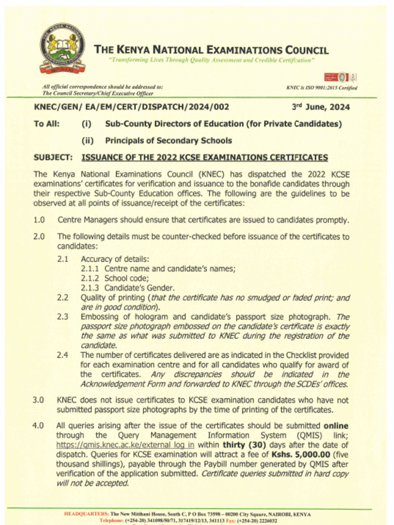 Issuance of 2022 Kcse Certificates | PDF
