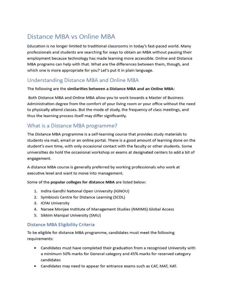 Distance MBA vs Online MBA Explained | PDF | Master Of Business ...