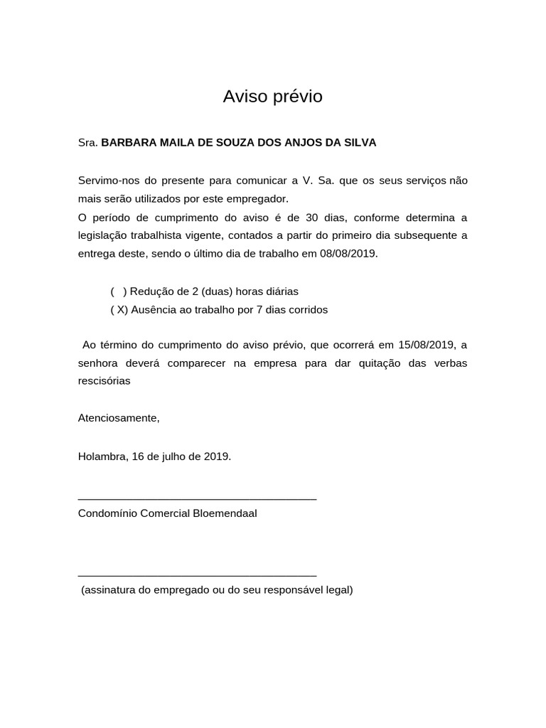 Aviso Prévio De Demissão Barbara Silva Pdf
