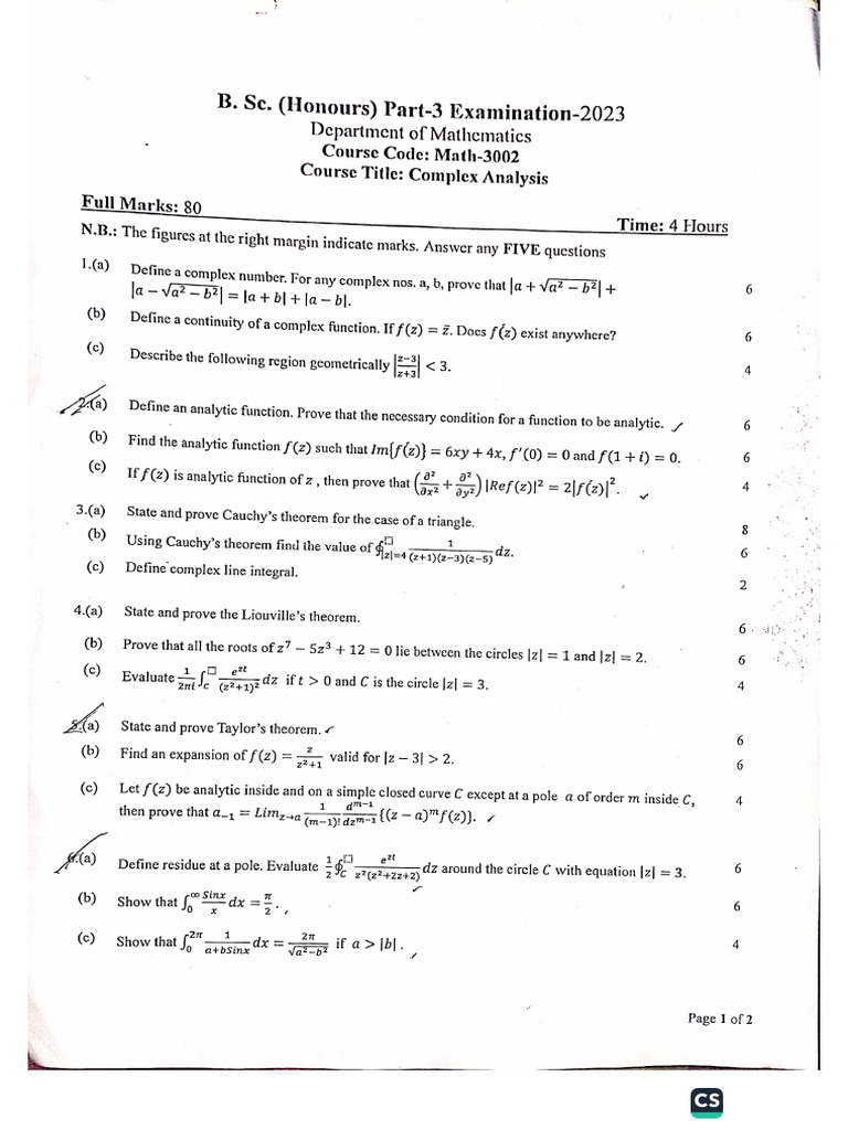 RU 3rd Year Math Question Complex Analysis | PDF