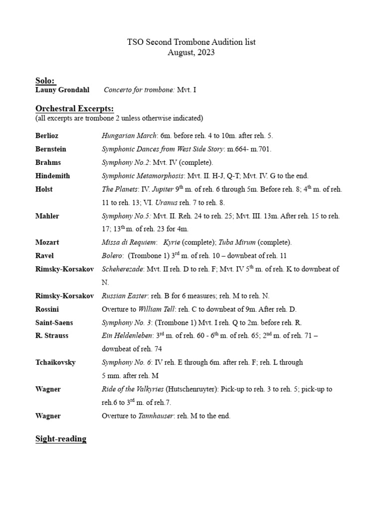 TSO - 2nd - Trombone - Audition - List - PDF Segundo Trombon | PDF
