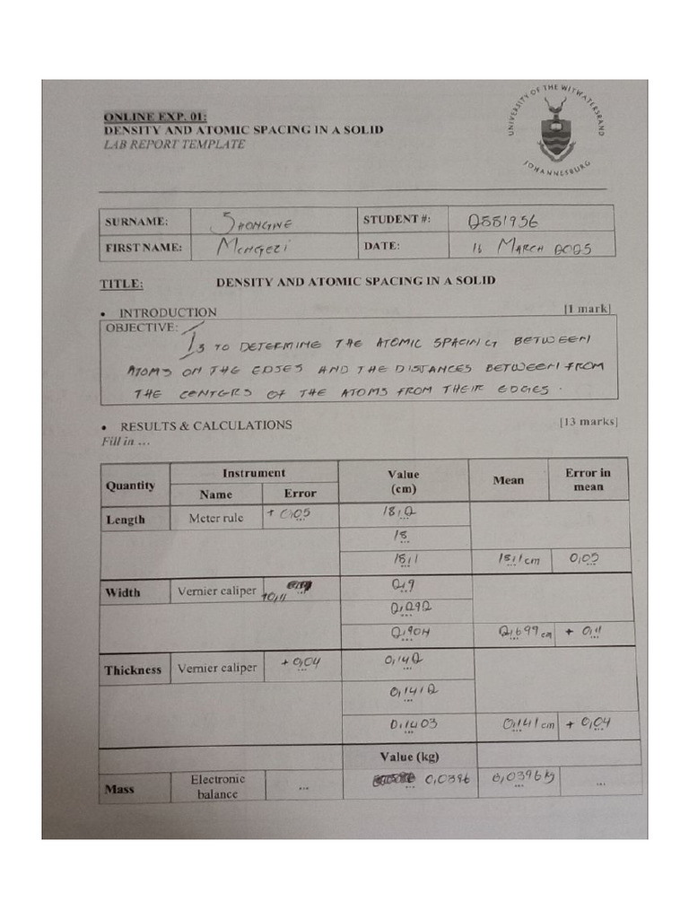 EXP1. Density and Atomic Spacing of A Solid | PDF