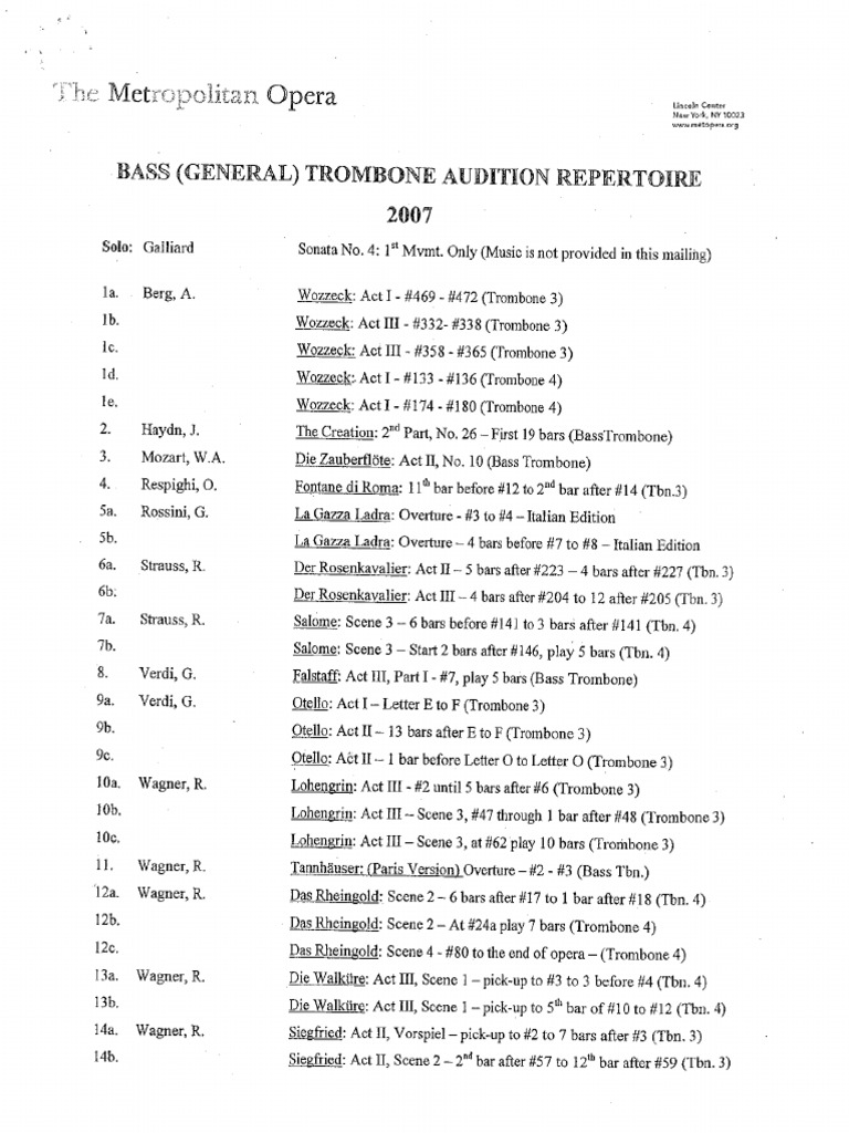 The Metropolitan Opera Bass Trombone Audition Repertoire | PDF