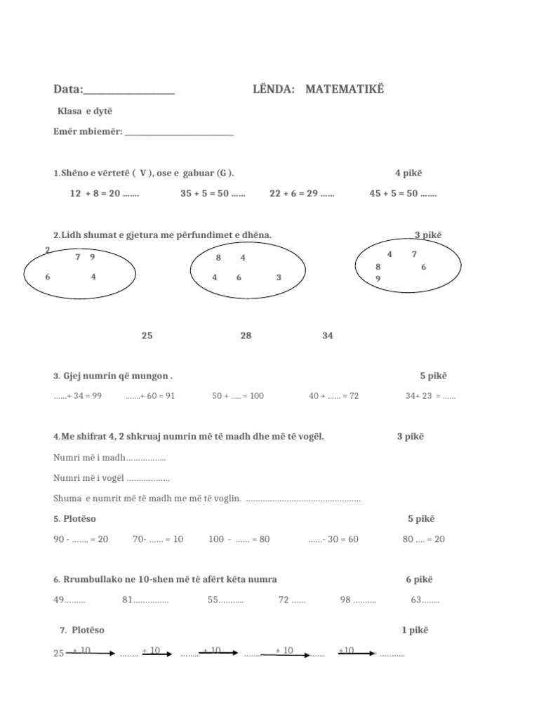 Klasa 2 Test Matematike | PDF
