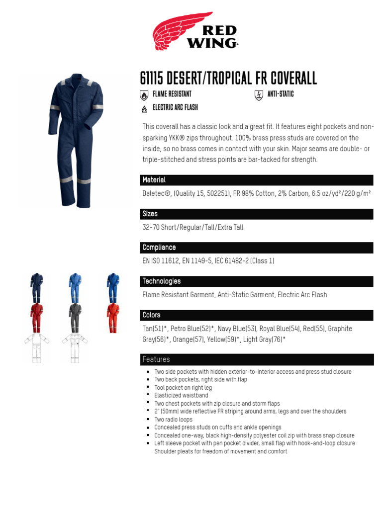 Red Wing Safety Boots - Men's Desert_Tropical FR Coverall 61115 | PDF