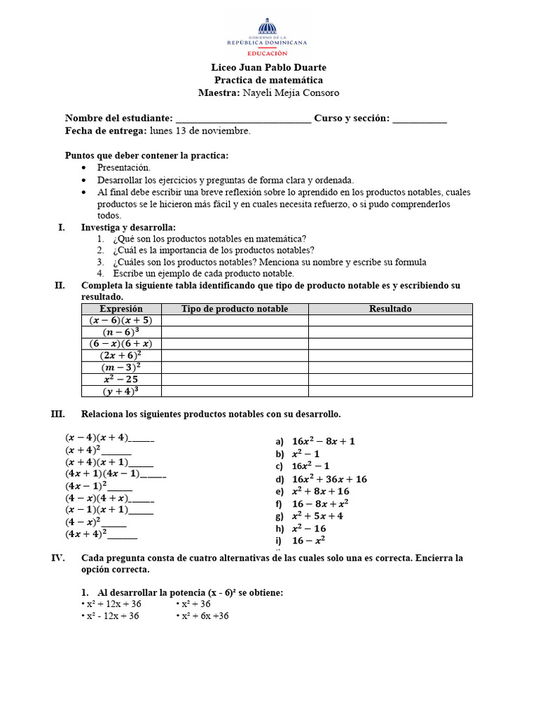 Practica de 3ro-Productos Notables | PDF | Matemáticas