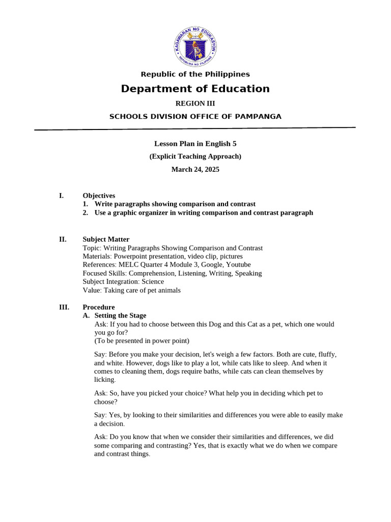Comparison and Contrast Lesson Plan | PDF | Lesson Plan | Learning
