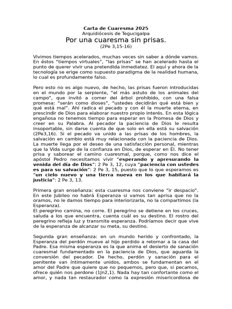 Por Una Cuaresma Sin Prisas Mensaje Cuaresma 2025 | PDF | Pecado | Perdón