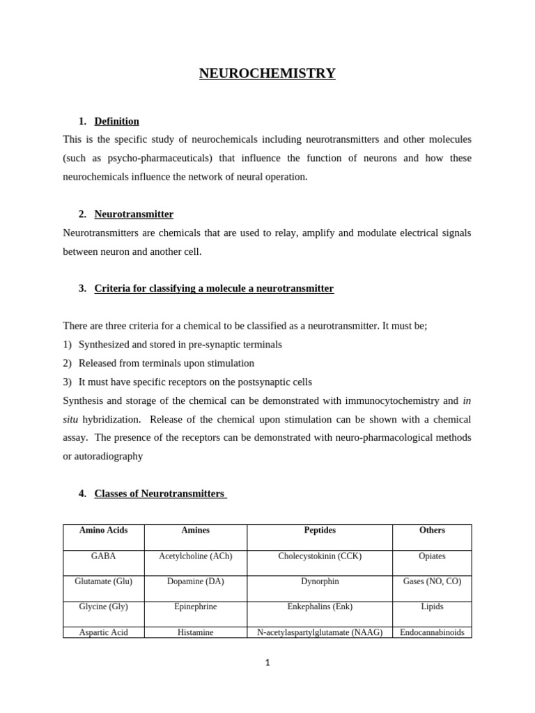 Neurochemistry: Neurotransmitter Functions | PDF | Neurotransmitter ...