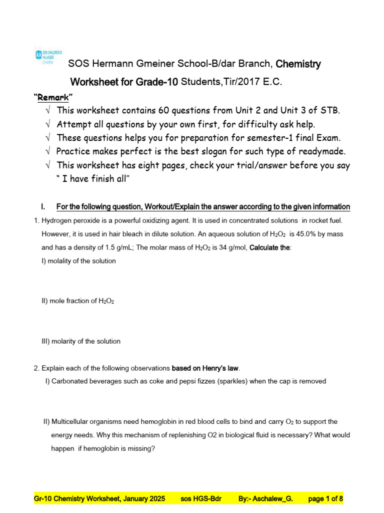 GR 10 Chem Worksheet January2025 | PDF | Acid | Ph