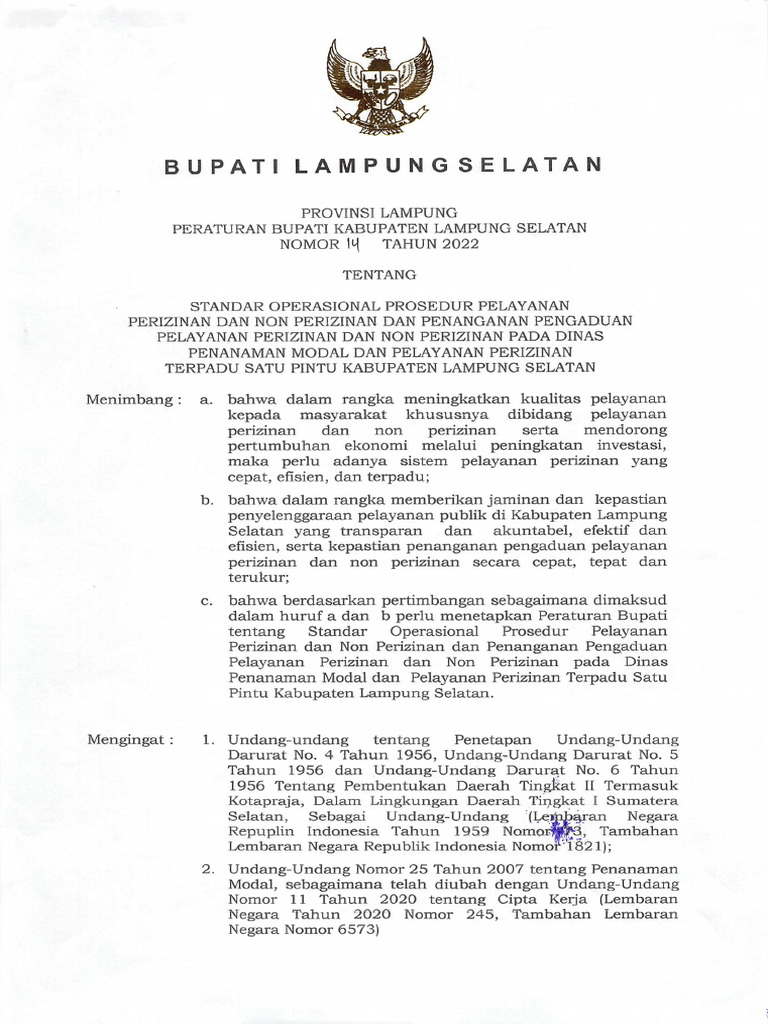 Perbub 14 Tahun 2022 Sop Perizinan 2022 | PDF