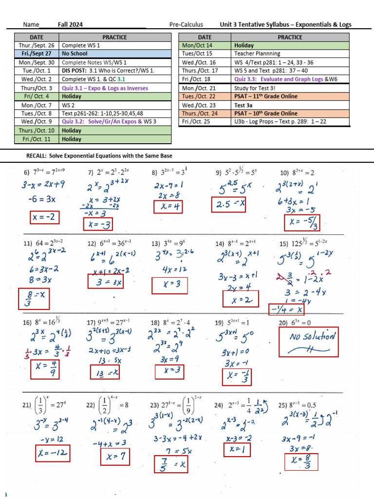 Fall 2024 Unit 3 Tentative Syllabus Exponentials & Logs | PDF ...