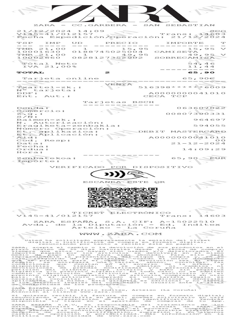 ZARA S.seb-GARBERA Ticket de Compra | PDF
