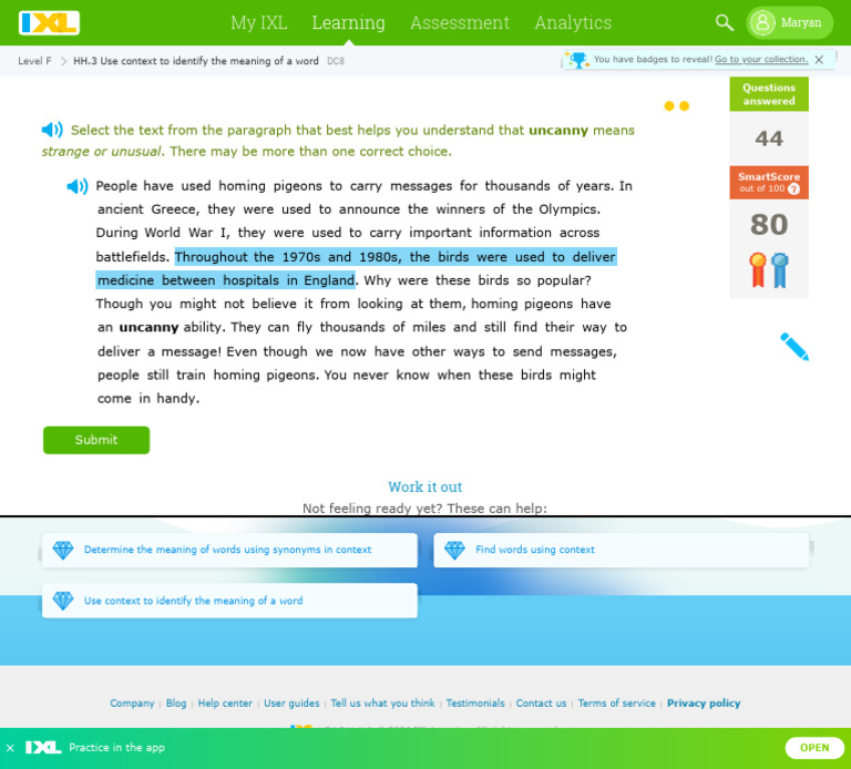 IXL Use Context To Identify The Meaning of A Word Level F Language Arts ...