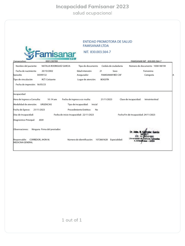 Incapacidad Famisanar 2023 | PDF