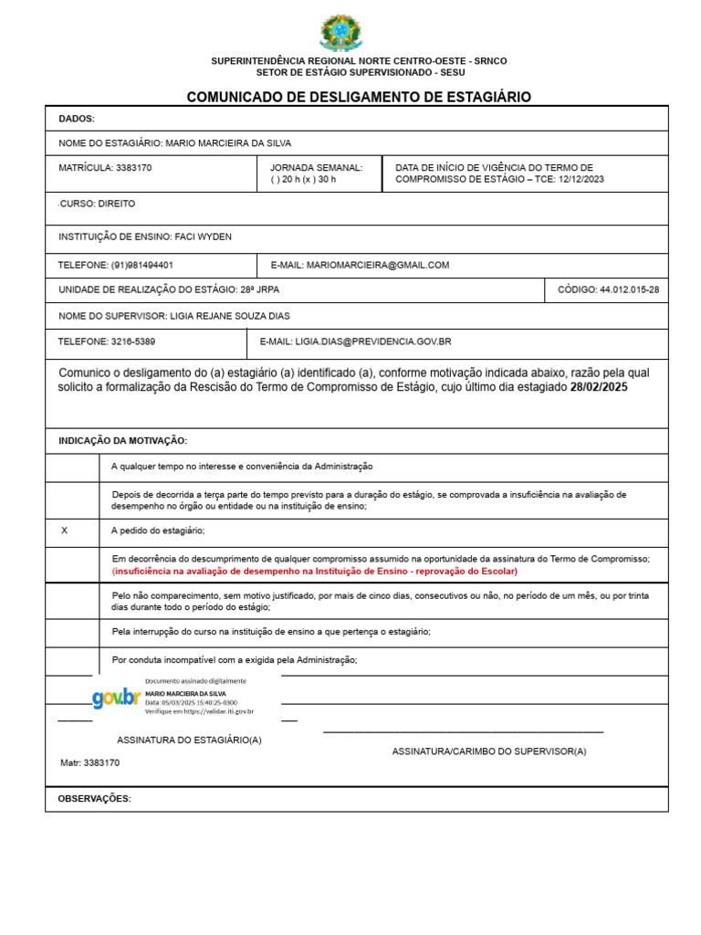 Comunicado de Desligamento de Estagiario Assinado | PDF | Estágio | Procura de Emprego