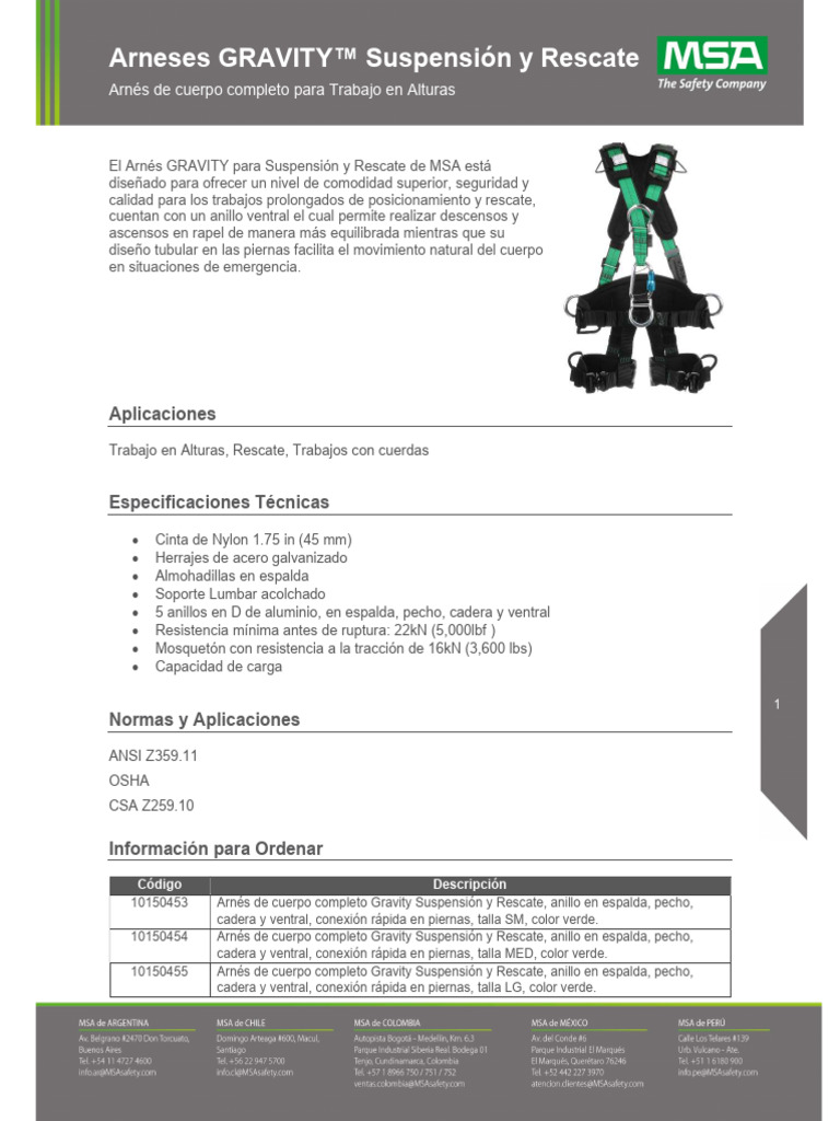 20 MSA Gravity-Suspension-Harness Technical-Datasheet ES | PDF | Alpinismo | Escalada de roca