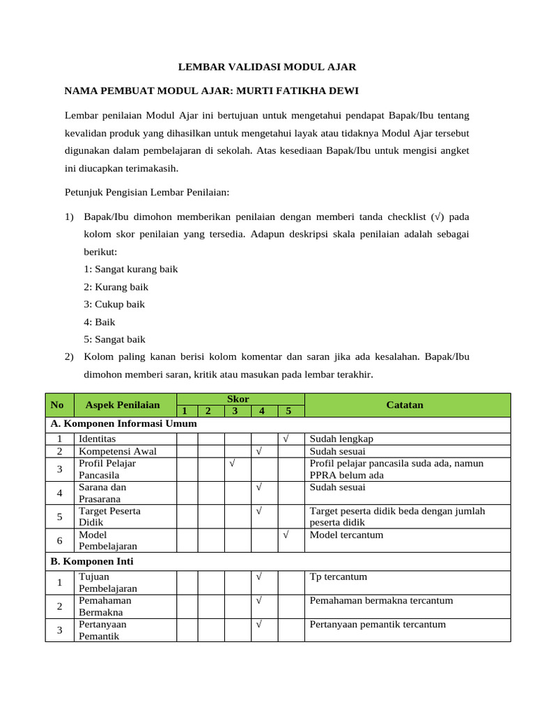 Lembar Validasi Modul Ajar Murti | PDF