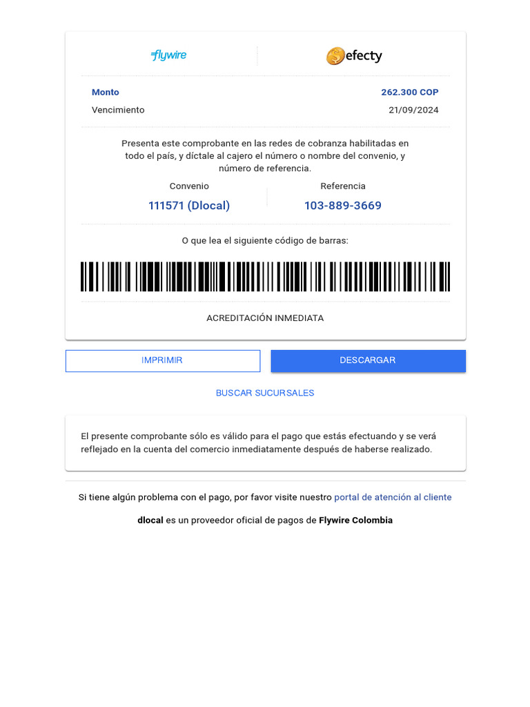 Comprobante de Pago Dlocal 262.300 COP | PDF