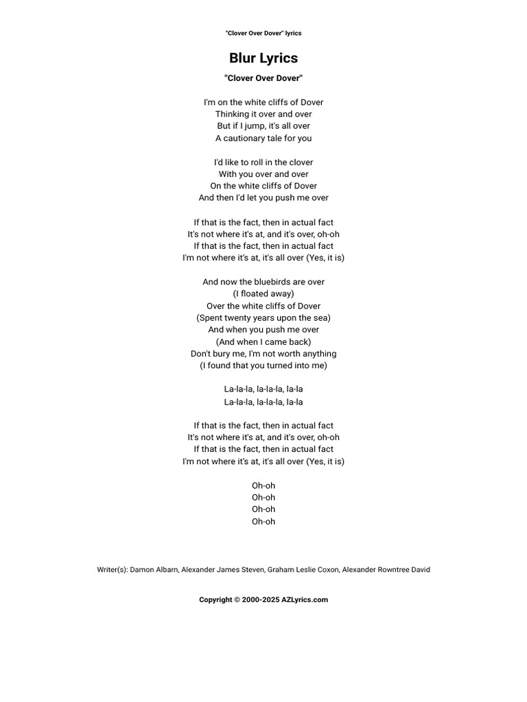 Blur - Clover Over Dover Lyrics | PDF
