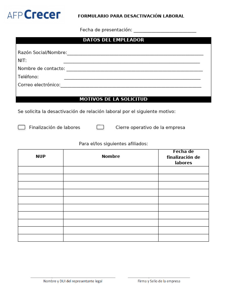 Formulario de Desactivación Laboral | PDF