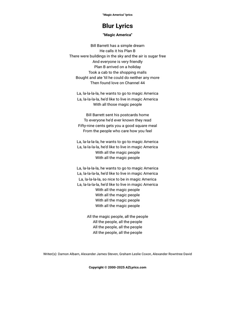Blur - Magic America Lyrics | PDF