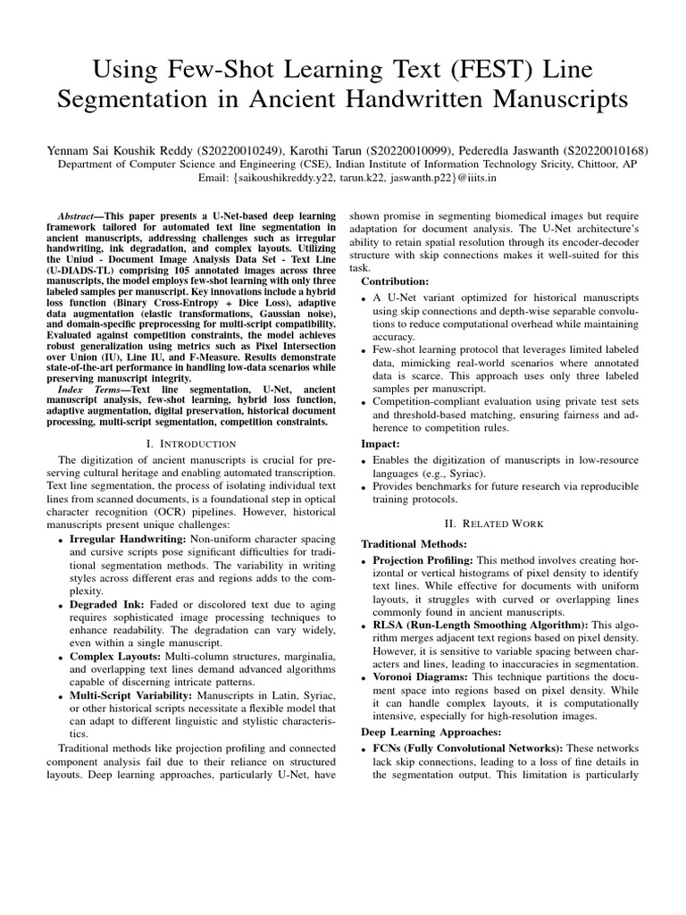 Using Few Shot Learning Text FEST Line Segmentation in Ancient Handwritten Manuscripts | PDF ...
