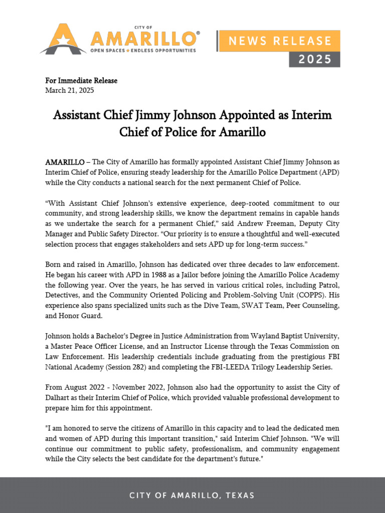 COA News Release 03 21 2025 Assistant Chief Jimmy Johnson Appointed As ...