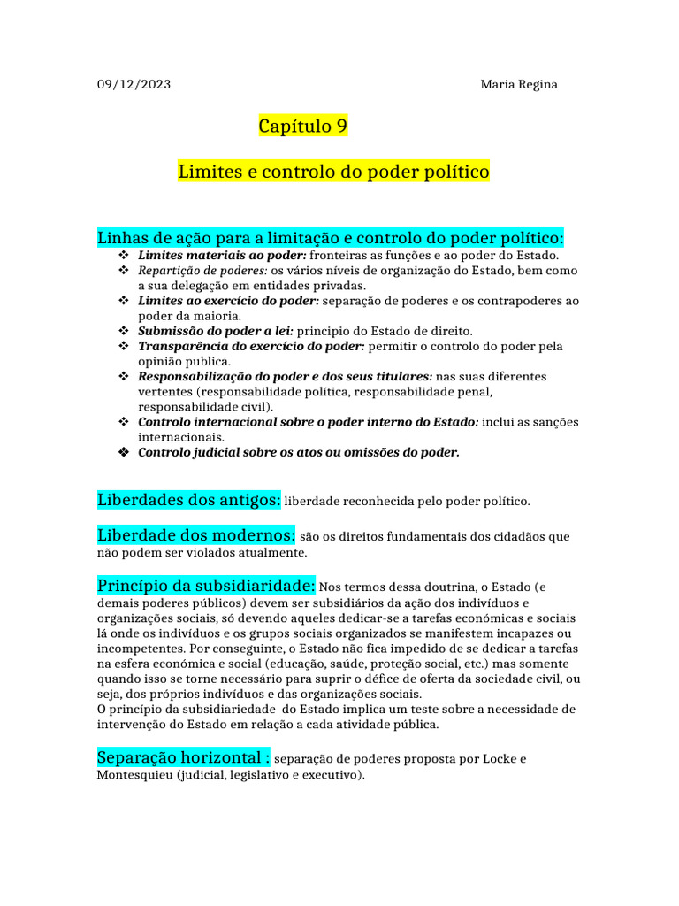 Limites e Controle do Poder Político | PDF | Estado | Constituição
