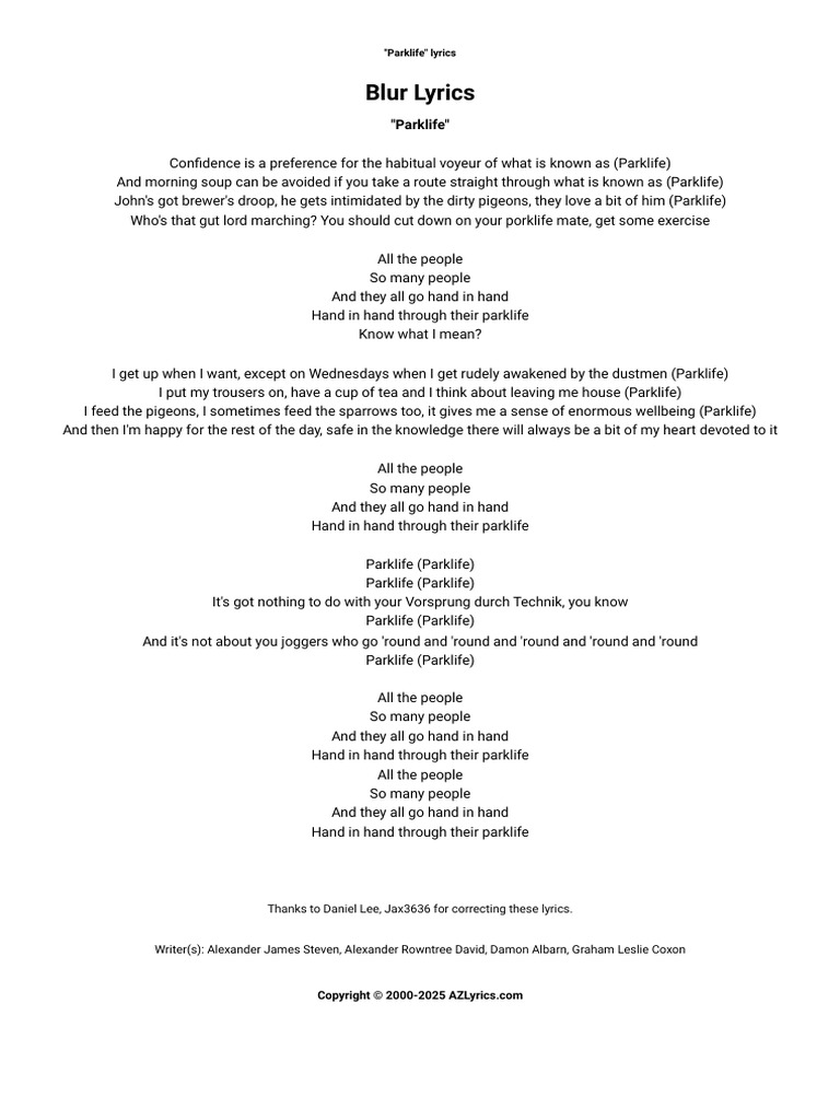 Blur - Parklife Lyrics | PDF | Song Recordings Produced | Rock Songs
