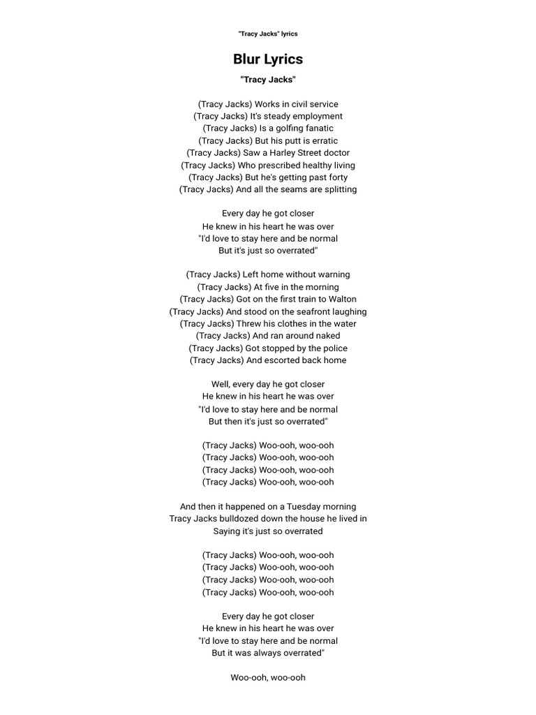 Blur - Tracy Jacks Lyrics | PDF