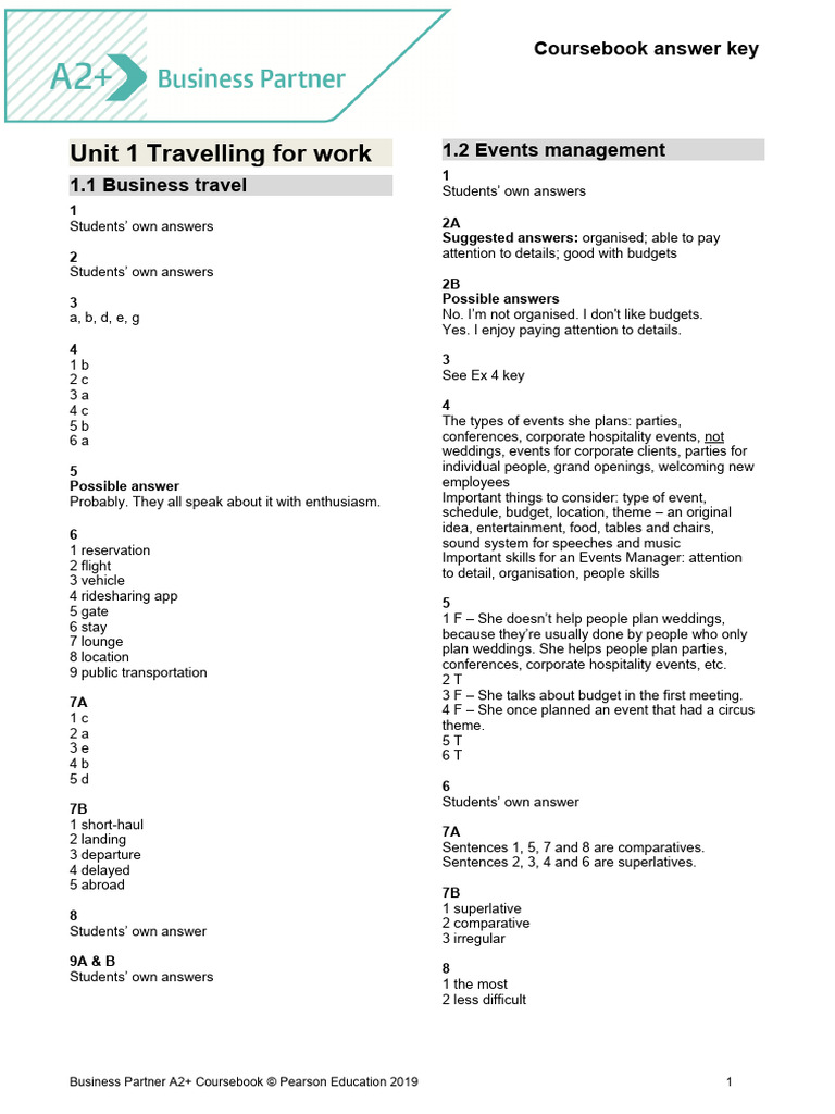 Unit 1 Travelling For Work: Coursebook Answer Key | PDF