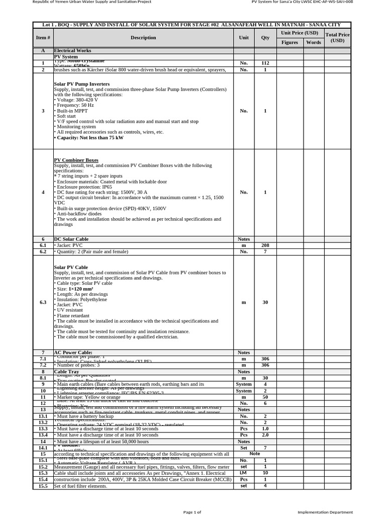 Lot 1 - Boq - Alsanafeah Well | PDF | Photovoltaic System | Photovoltaics