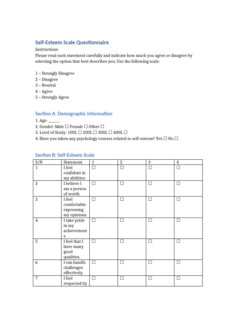 Self-Esteem Scale Questionnaire | PDF | Self Esteem | Popular Psychology
