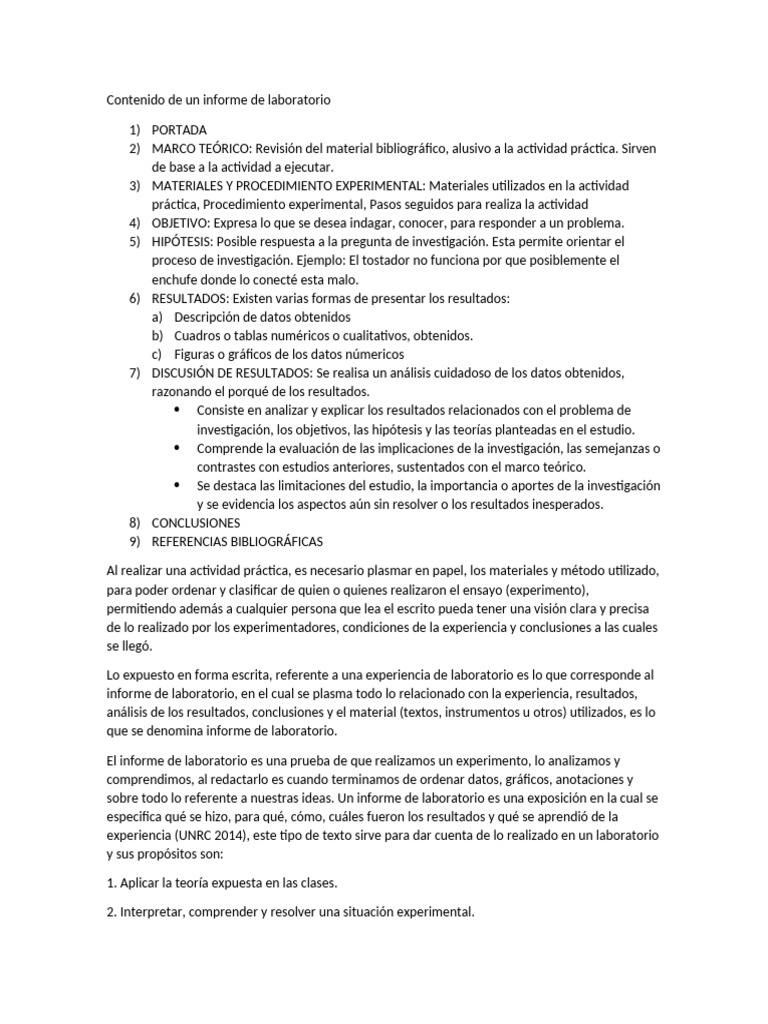 Contenido de Un Informe de Laboratorio | PDF | Experimentar | Laboratorios