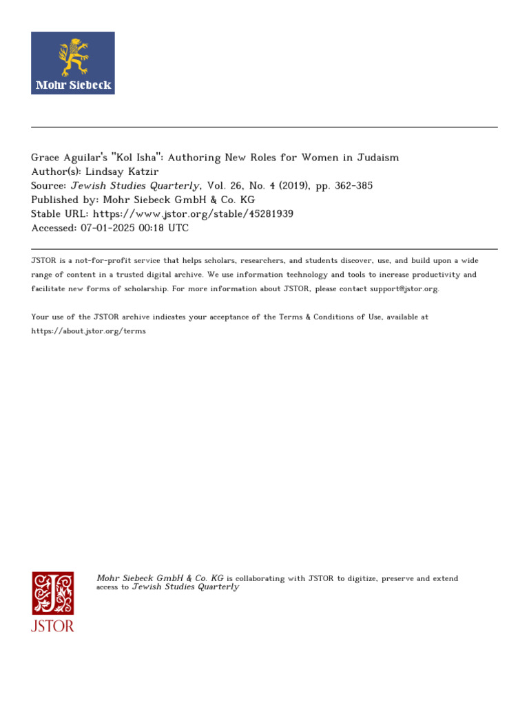 Grace Aguilar's "Kol Isha": Authoring New Roles For Women in Judaism ...