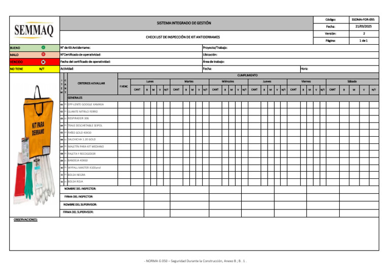 SSOMA-FOR-095 Check List Kit Antiderrames REPSOL Semanal | PDF