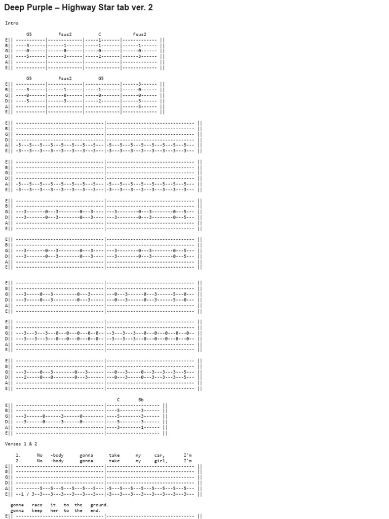 Highway Star Tab Ver. 2 With Lyrics by Deep Purple For Guitar | PDF ...