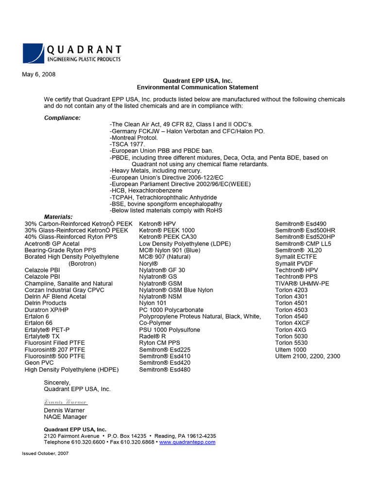 Quadrant RoHs Compliance For Nylatron, Delrin, Ultem, Torlon 8000-354 | PDF | Polymer Chemistry ...